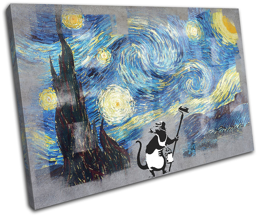Starry Night Banksy Painter Urban SINGLE CANVAS WALL ART Picture Print ...