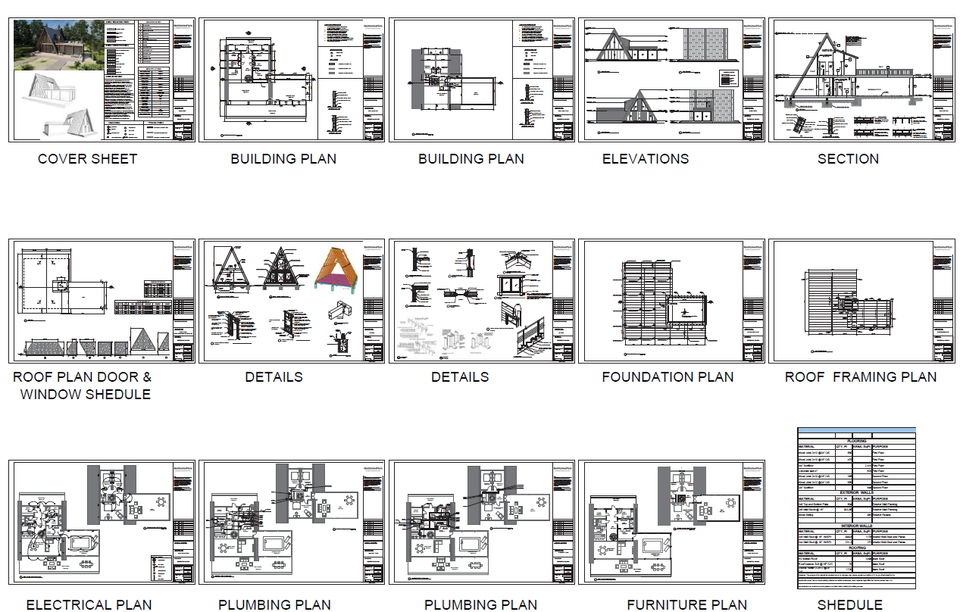 63’x59’ 3 Beds, 2.5 Baths Cozy A-Frame House Architectural Plans PDF Download. | eBay
