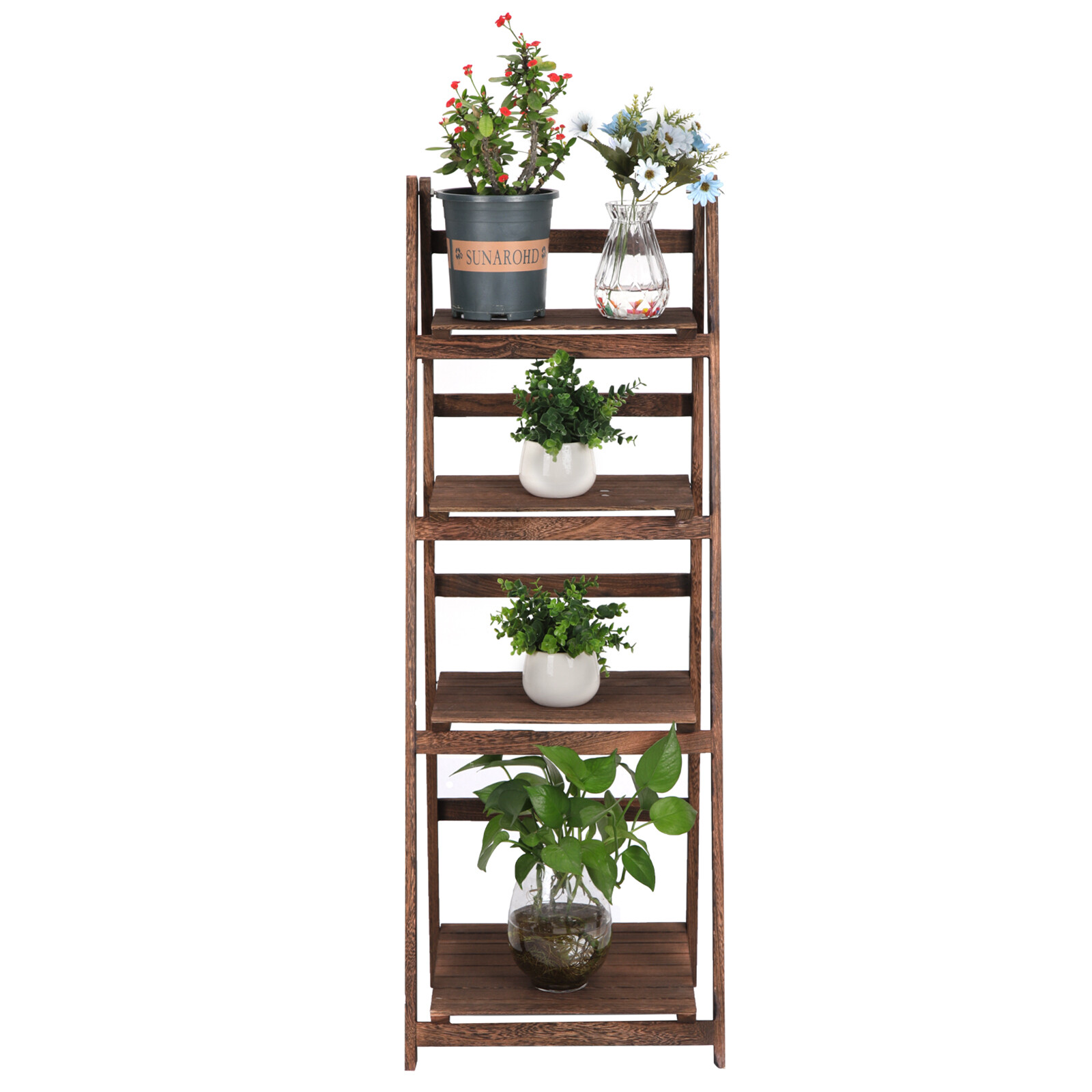 4 Tier Foldable Flower Stand Shelf Plant Display Wooden Stand Indoor ...
