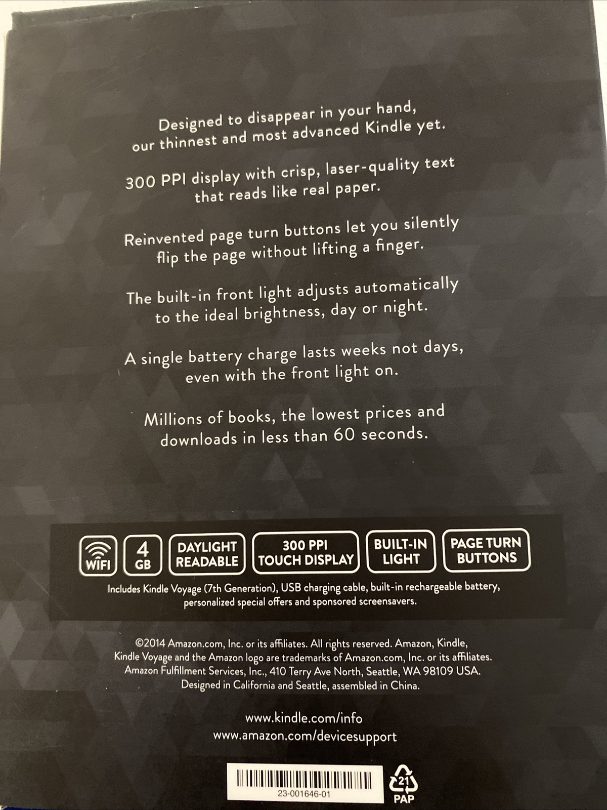 Amazon Kindle Voyage E-reader 6” 300 ppi 4GB Daylight Readable w Case ...