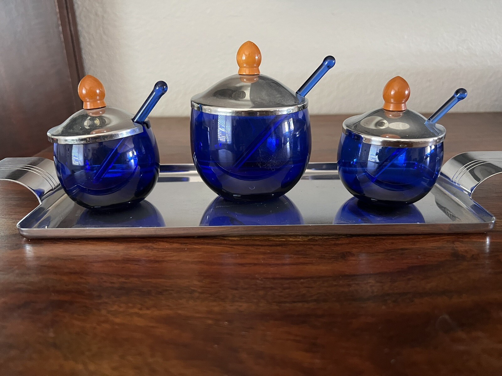 Revere Art Deco Cobalt Blue Glass Condiment Set with Chrome Tray ...