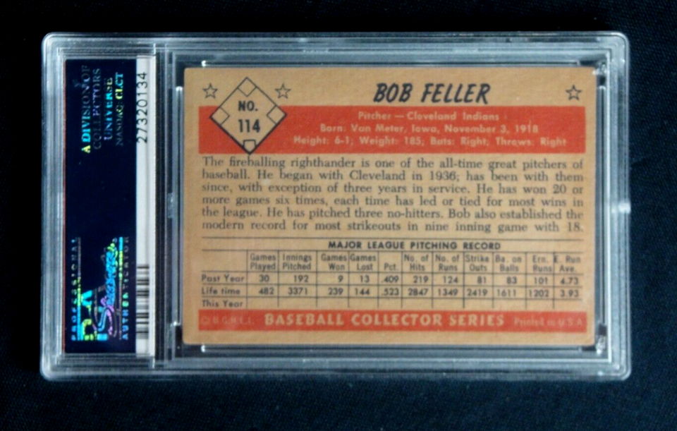 BOB FELLER 1953 BOWMAN COLOR BASEBALL CARD #114 PSA 4.5 VG-EX+ INDIANS ...
