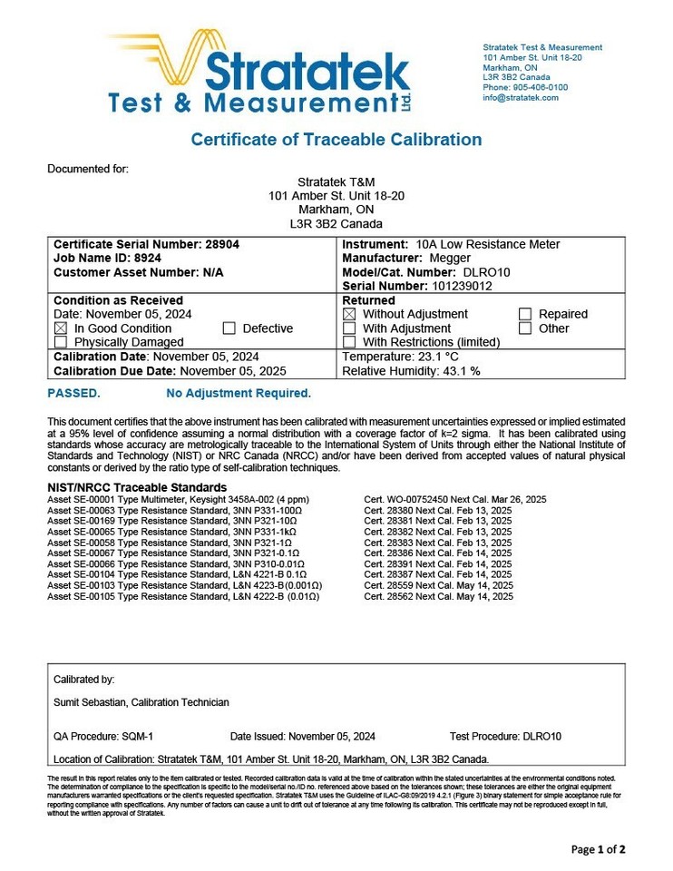 Megger DLRO10 10A Digital Low Resistance Ohmmeter 10A NIST Calibrated ...