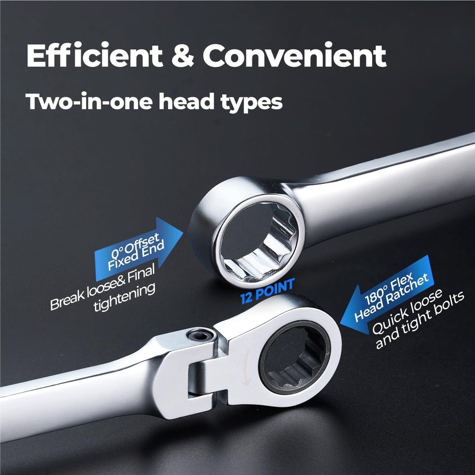 Extra Long Ratcheting Wrench Set, Flex Head & Fixed Offset Head Double ...