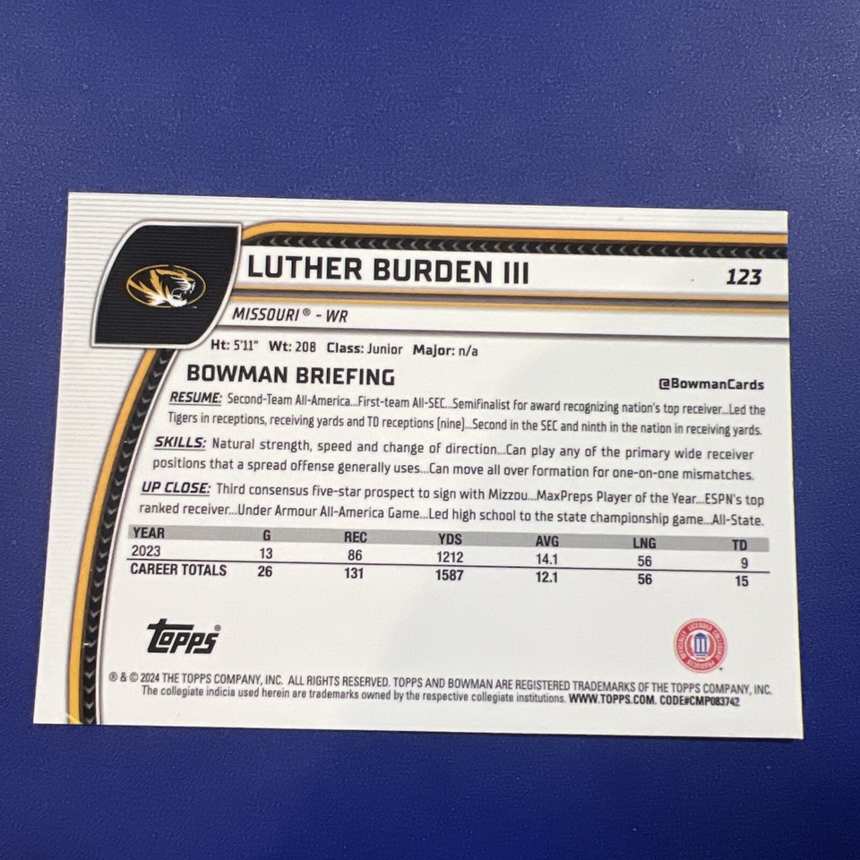 Luther Burden III Teal Wave Bowman U Football 2024 Missouri Tigers | eBay