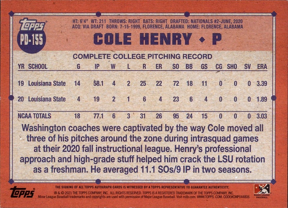 2021 Topps Pro Debut Autographs Cole Henry RC Auto GCL Nationals #PD ...