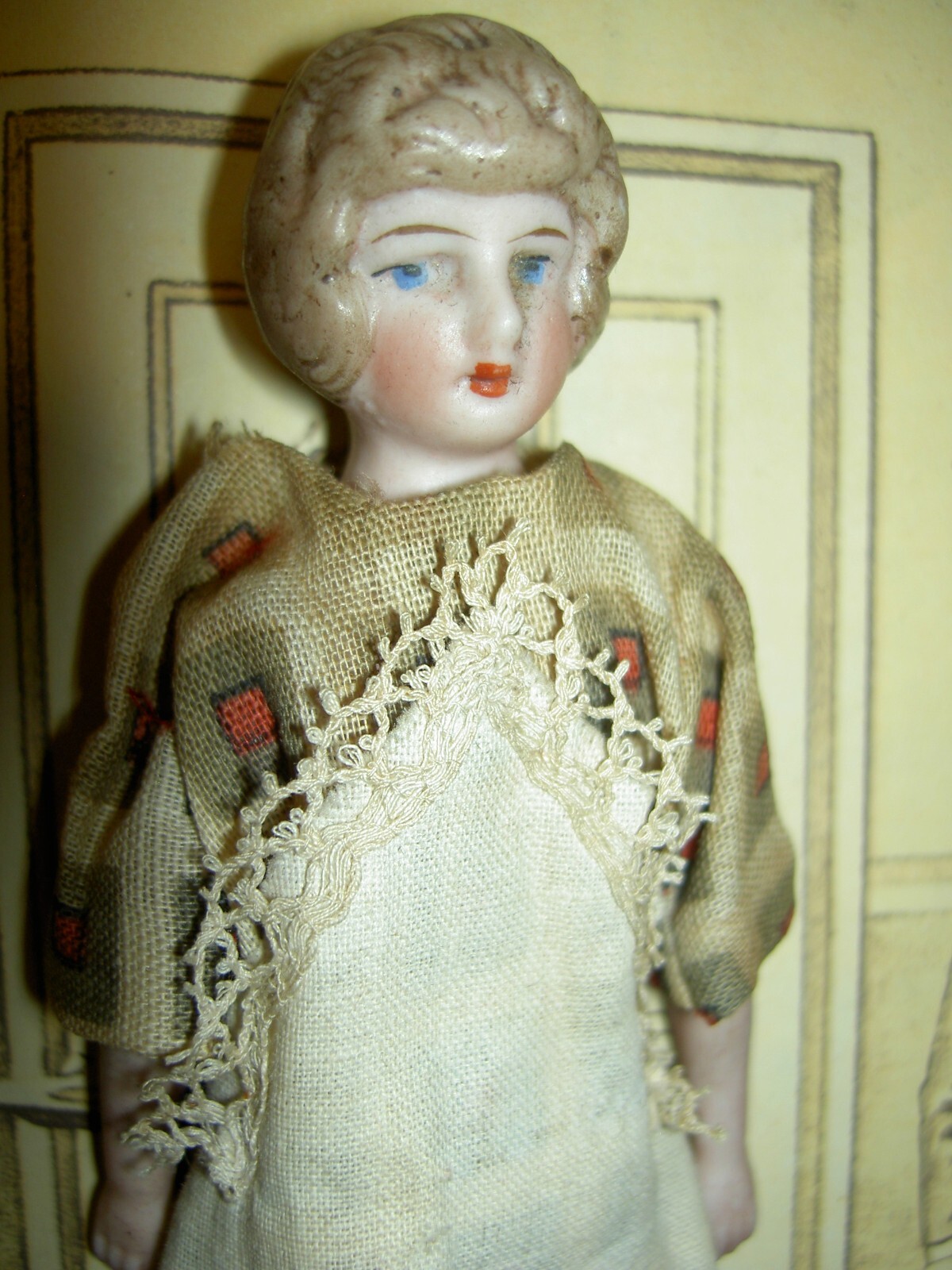 Antique bisque, 6" German, shoulderhead dressed dollhouse matron lady ...