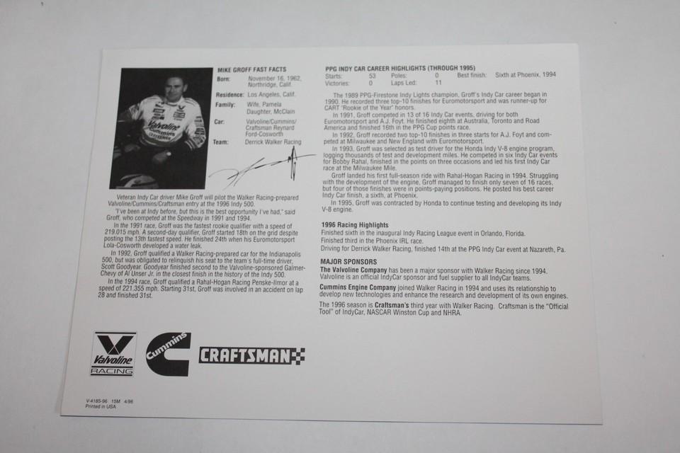 Valvoline Racing Indy Car Racing Team Card Mike Groff Indianapolis 500 ...