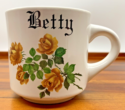 Vintage 1970s 80s "Betty" Coffee Mug Cup White with Yellow Roses | eBay