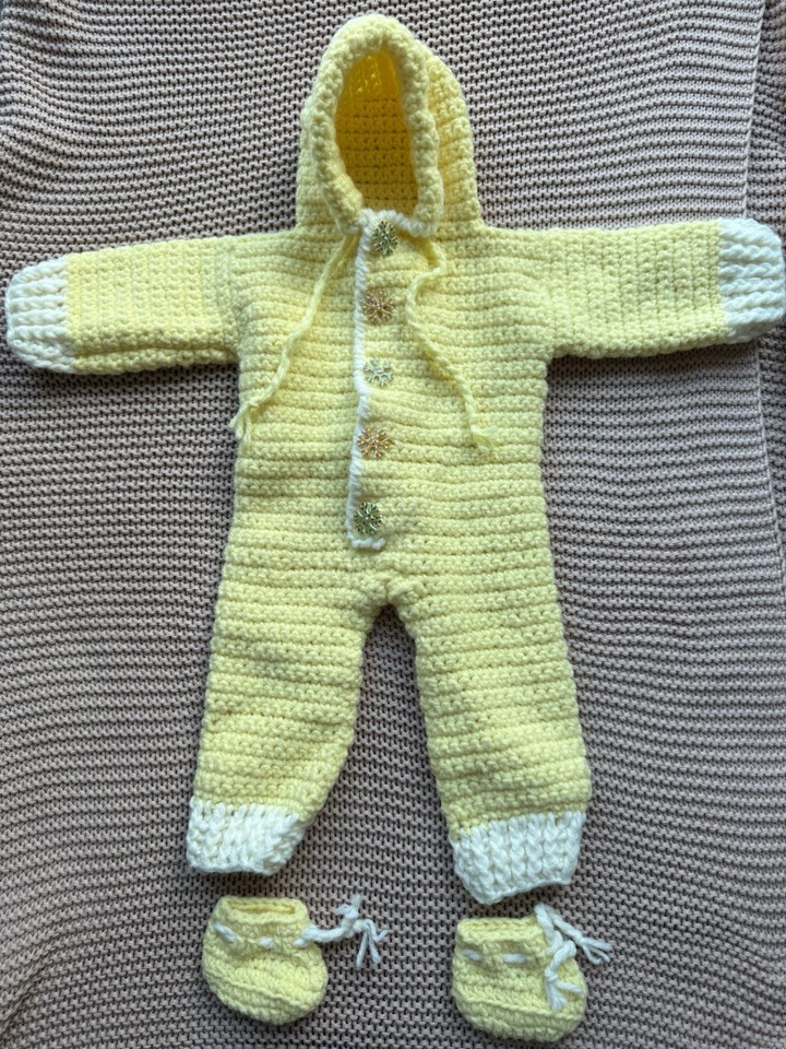 Handmade Pramsuit Hooded With Shoes Yellow Gender Neutral Warm Crochet ...