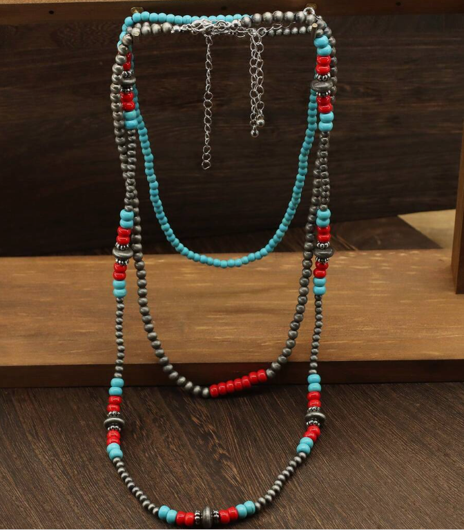 NECKLACE-3pcs/ Western Style Beaded Necklace with Turquoise and Carneli ...