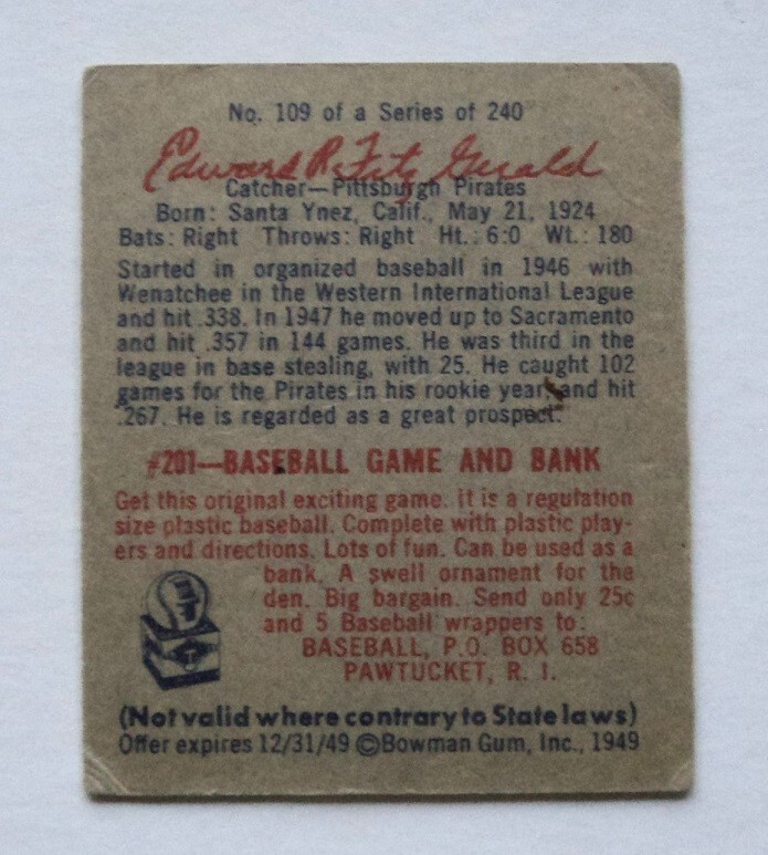 1949 Bowman Baseball #109 Ed FitzGerald Pirates VG/EX | eBay