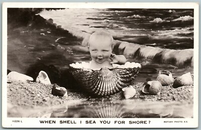 BABY in SHELL PHOTOMONTAGE ANTIQUE REAL PHOTO POSTCARD RPPC w/ STAMP | eBay