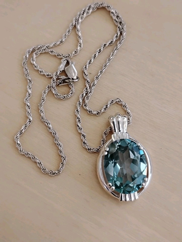 Signed SETA 925 Sterling Oval Blue Gem 18x14mm Pendant w/ 16" Italian ...