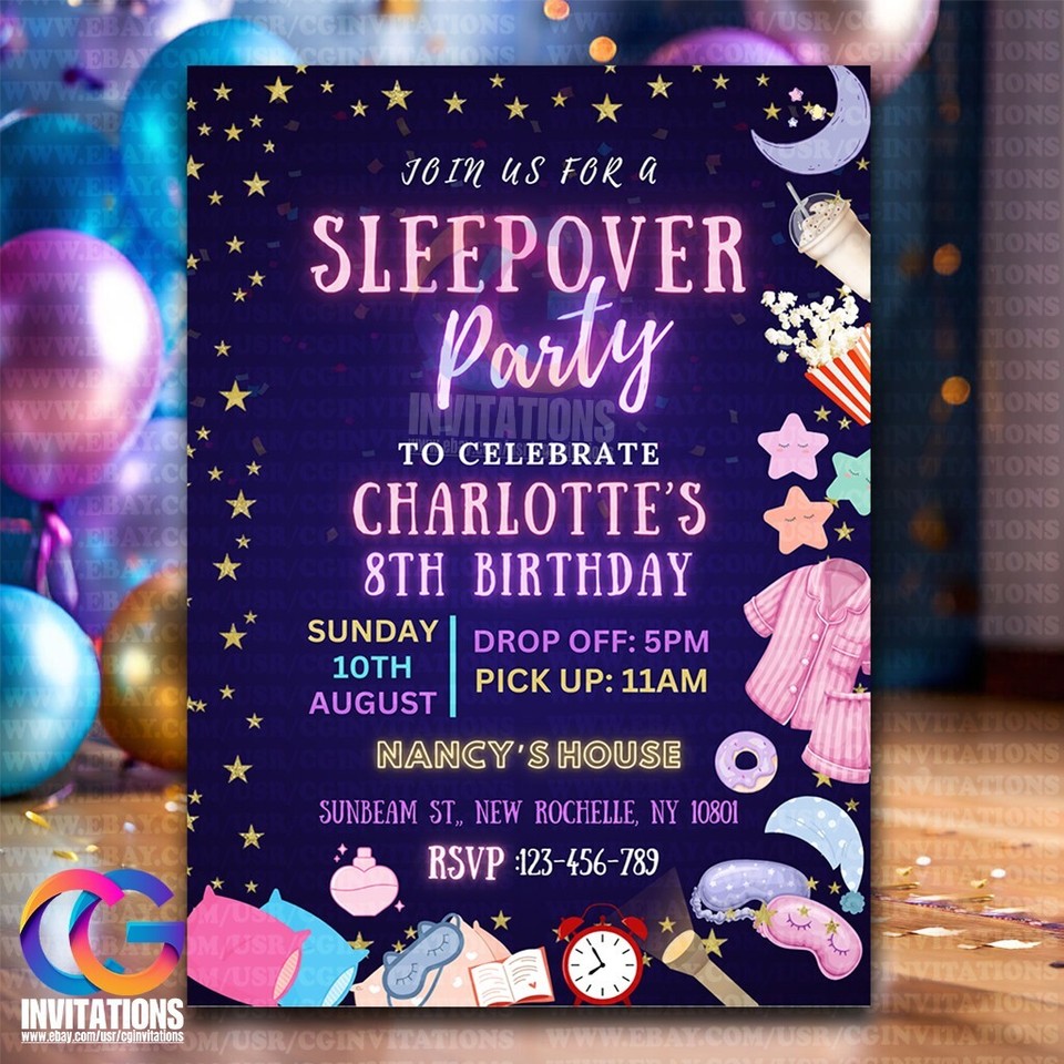 EDITABLE Sleepover Birthday Invitation Neon Template, Girls Slumber ...