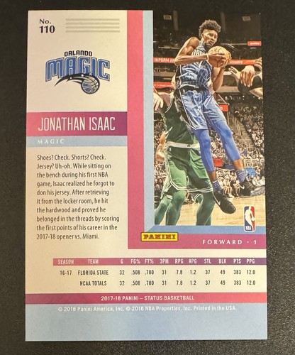 Jonathan Isaac 2017-18 Panini Status ROOKIE Red /299 #110 - Orlando | eBay