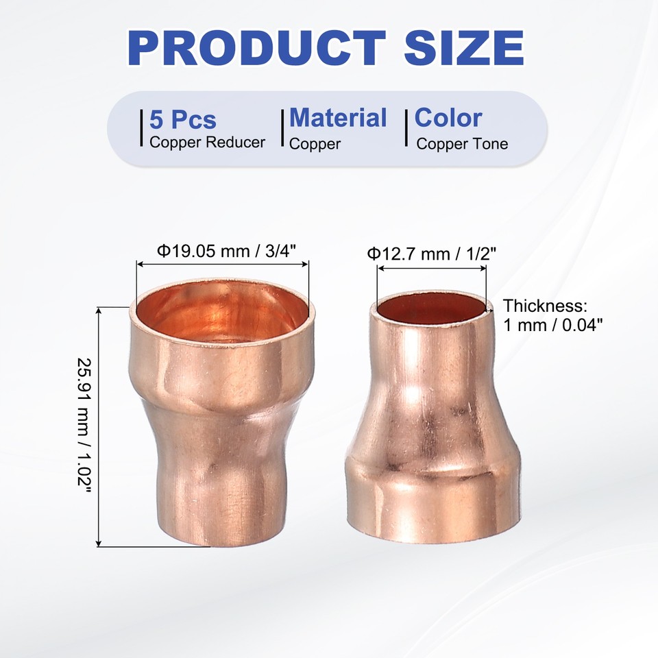 5Pcs Copper Reducer 3/4"x1/2" ID Reducing Copper Coupling Fitting Pipe ...
