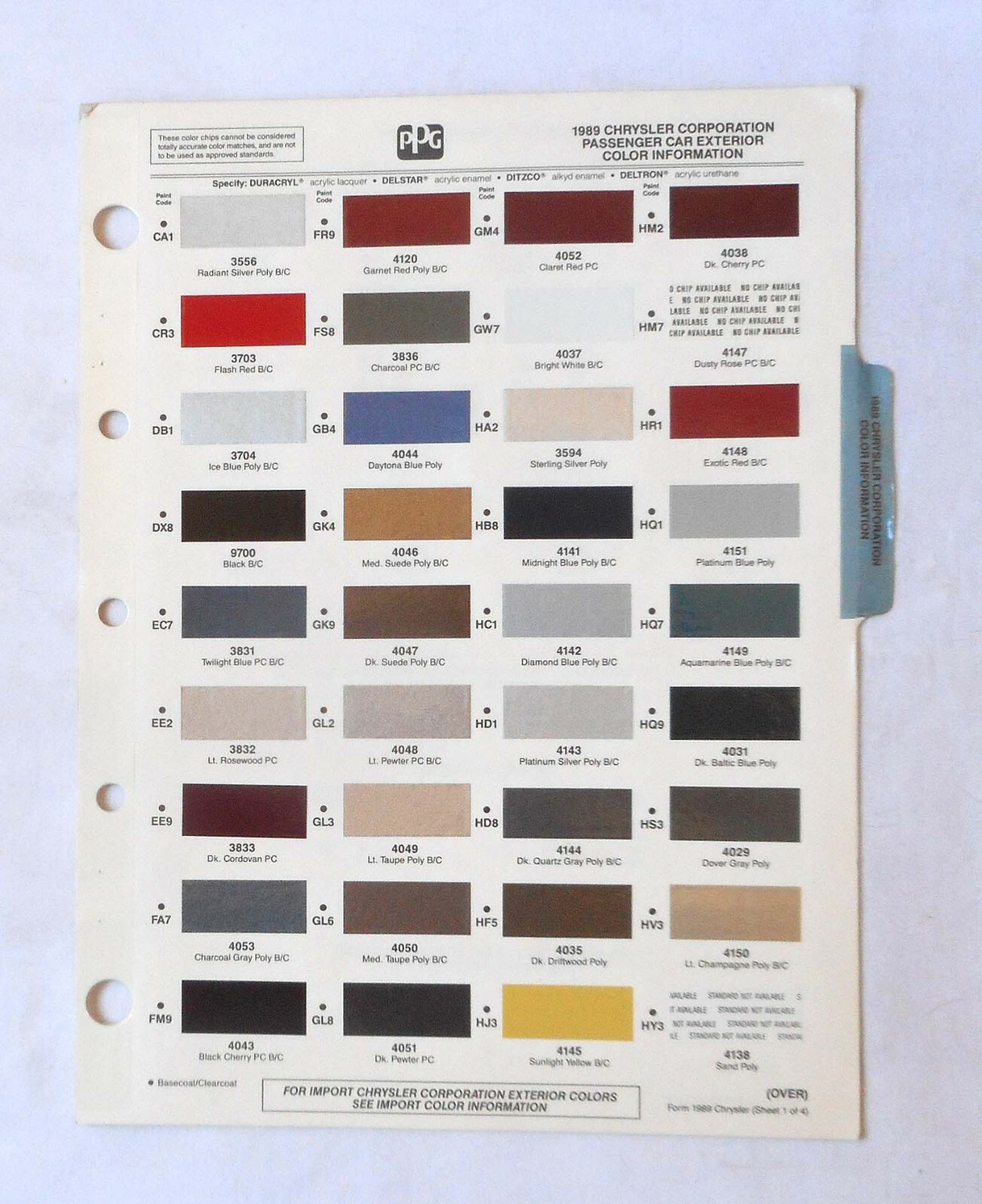 1989 CHRYSLER PLYMOUTH DODGE PPG COLOR PAINT CHIP CHART ALL MODELS ...