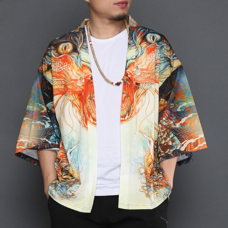 Men Japanese Yukata Coat Kimono Outwear Retro Jacket Loose Top Dragon ...
