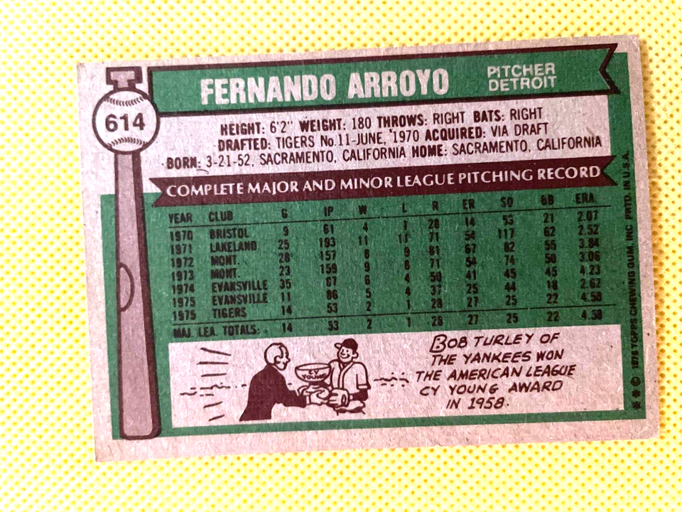 1976 TOPPS # 614 FERNANDO ARROYO B | eBay