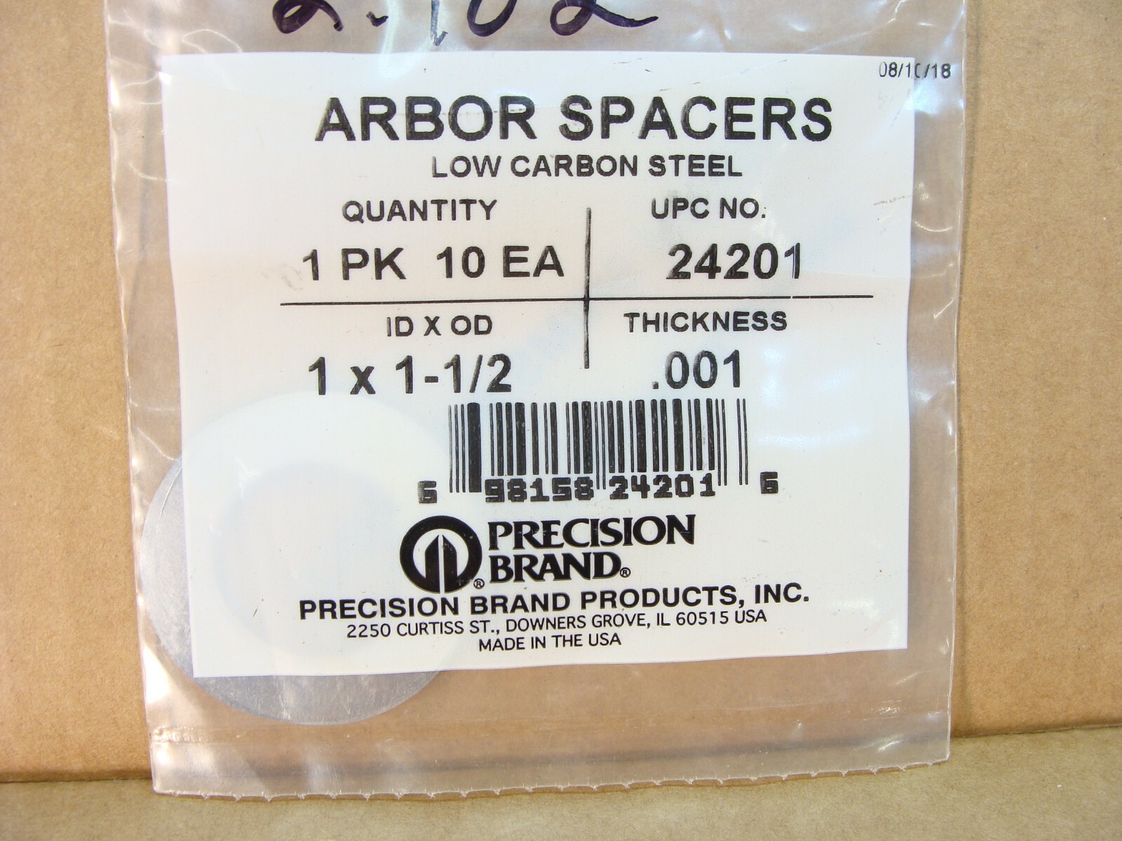 NEW 10 Precision Brand arbor spacers shims 24201 0.001 USA 1 x 1 1/2 ...