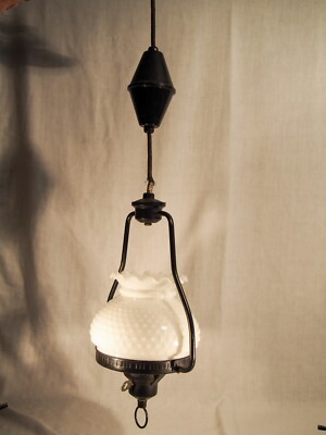 Vintage '80s retractable student shade ceiling lamp hobnail black white ...