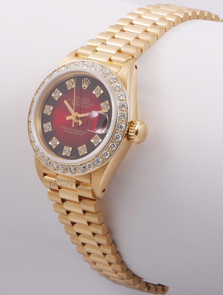 Rolex President Lady 18k Gold Watch-Diamond Bezel Red Vignette Diamond ...