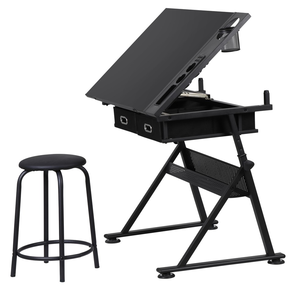 Drafting Desk Drawing Table 9 Levels Adjustable angle w/ Stool Arts ...