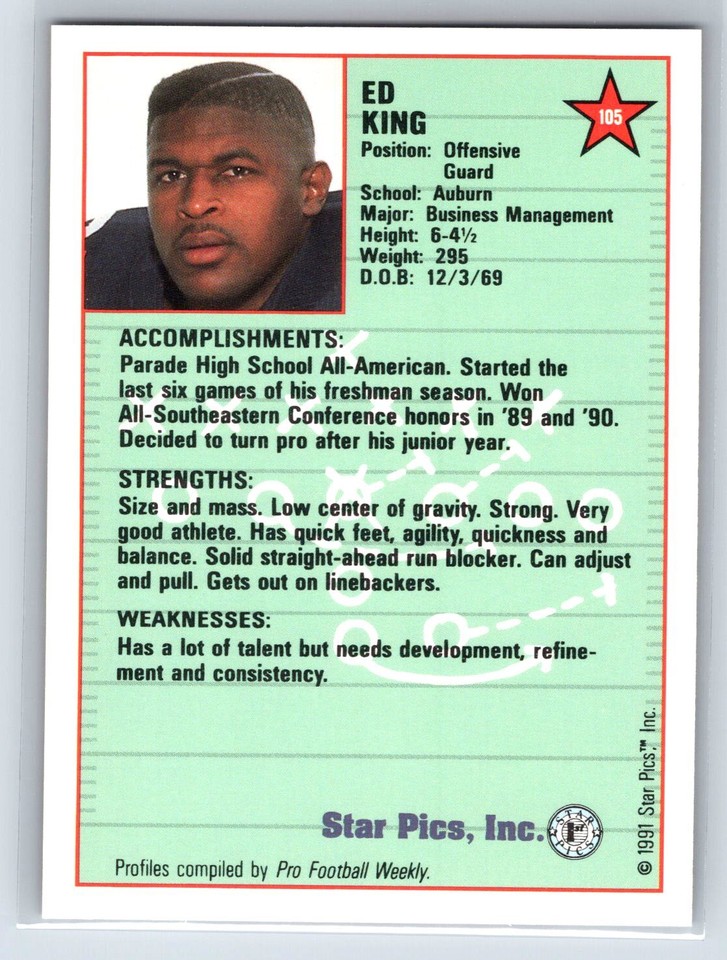 1991 Star Pics Ed King Rookie Auburn Tigers RC #105 | eBay