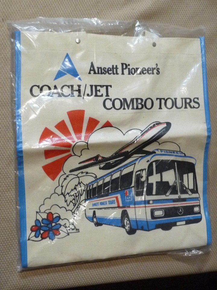 NOS 1970s Ansett Pioneer's Coach /Jet Combo Bus Tours Travel Tote Bag ...