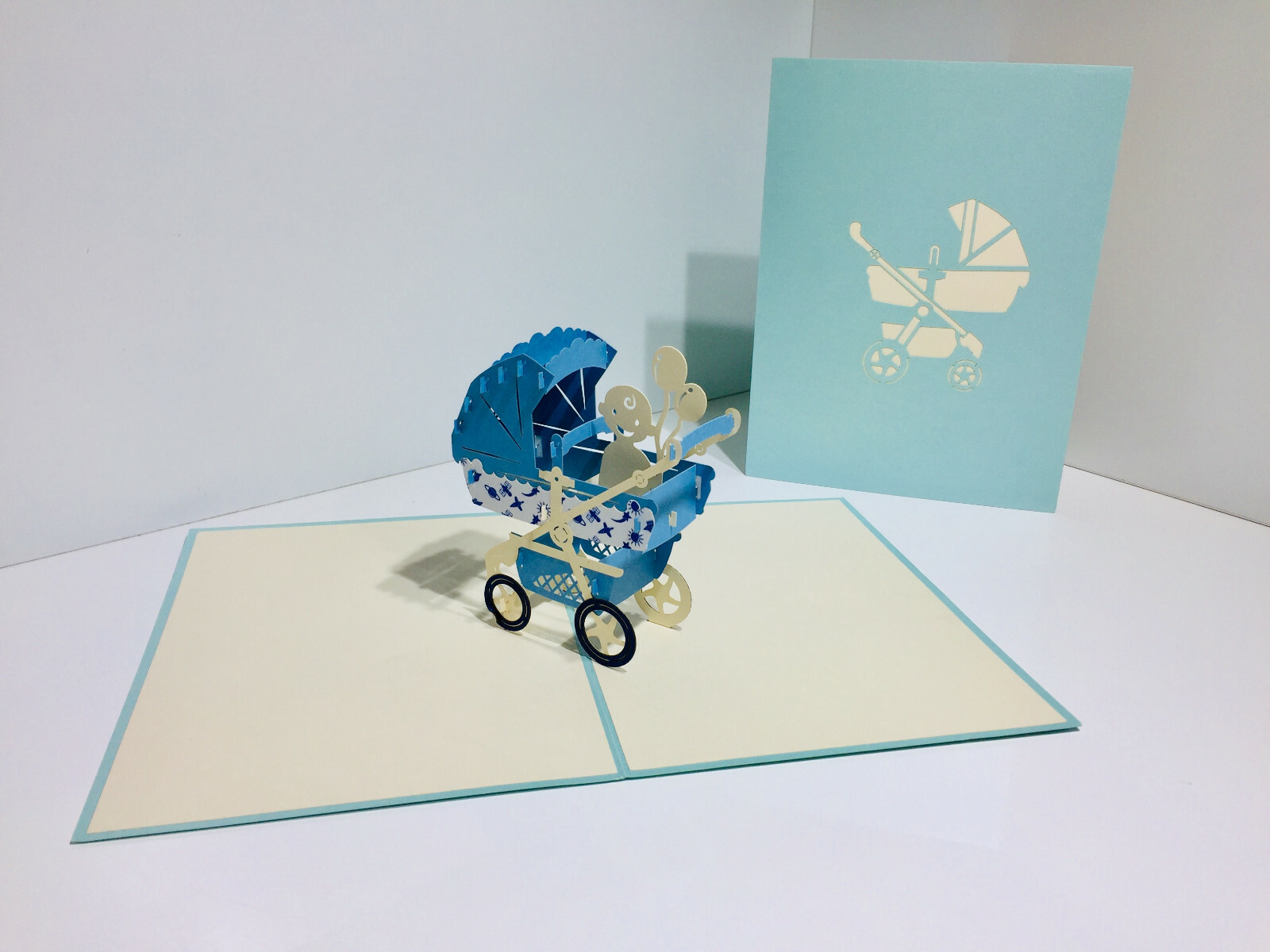 ORIGAMI POP CARDS Baby Carriage Pram Blue 3D Pop Up Greeting Card Baby ...
