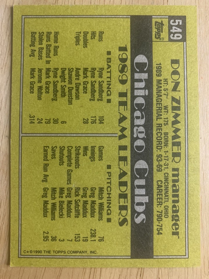 1990 Topps - Manager #549 Don Zimmer. Chicago Cubs. NM-M. Free Shipping ...