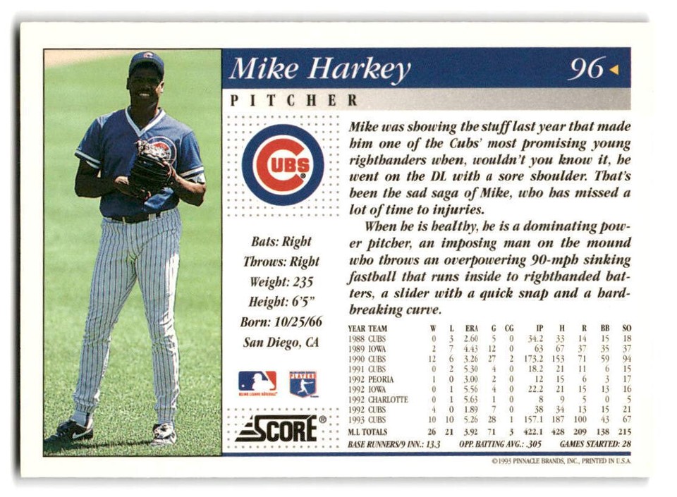 Mike Harkey 1994 Score Baseball #96 Chicago Cubs | eBay