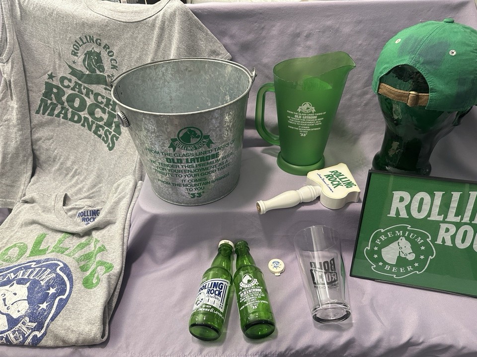 Rolling Rock Beer Collection Tap Pitcher Bucket Salt Pepper Shakers Hat ...