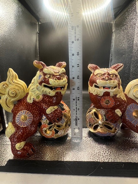 Pair 7.25" Tall Antique Foo Dog Shisa Fu Guardian Lions Japanese Red ...