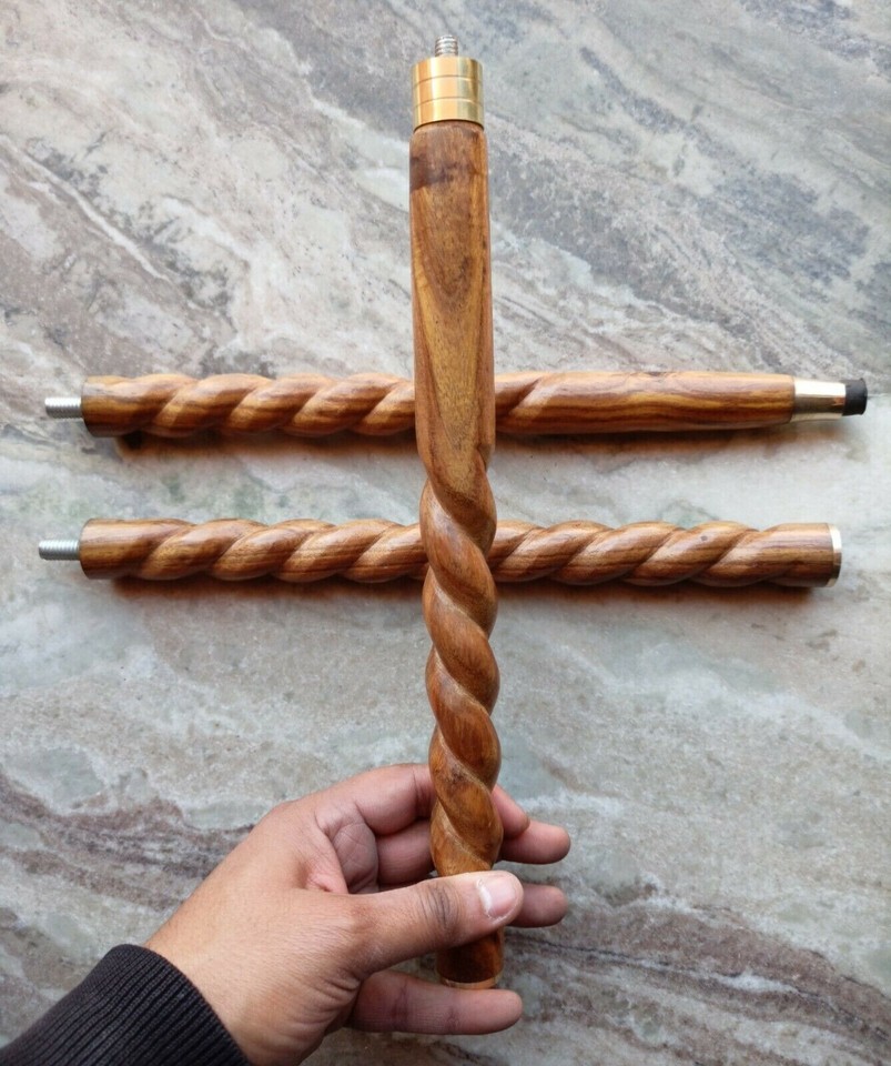 3 Fold Vintage brass Walking Stick Wooden Shaft Only Cane Handle Spare ...
