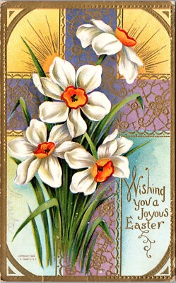 Antique Postcard Easter Greetings Embossed Flower Cross Nichols New ...