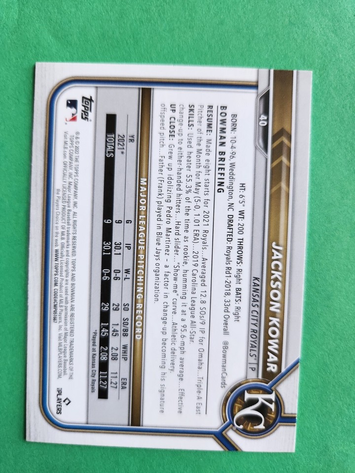 2022 Bowman Jackson Kowar #40 Rookie Card Kansas City Royals - Free ...