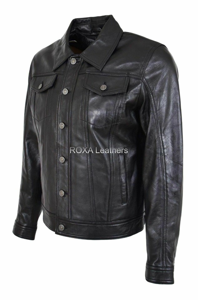 Men's Authentic Cowhide Real Leather Jacket Black Motorcycle Buttons ...