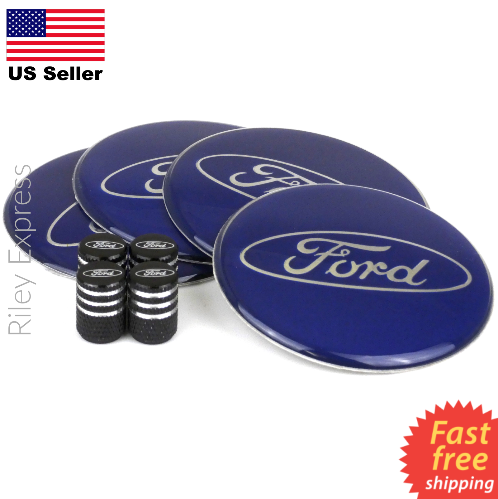 Blue FORD Wheel Center Cap Sticker Decals 2.55" & Black FORD Tire Valve ...