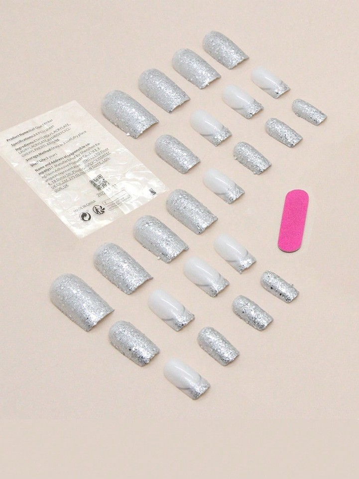 24pcs Square Silver Glitter Fake Nail Press On Nails False Nails Glue ...