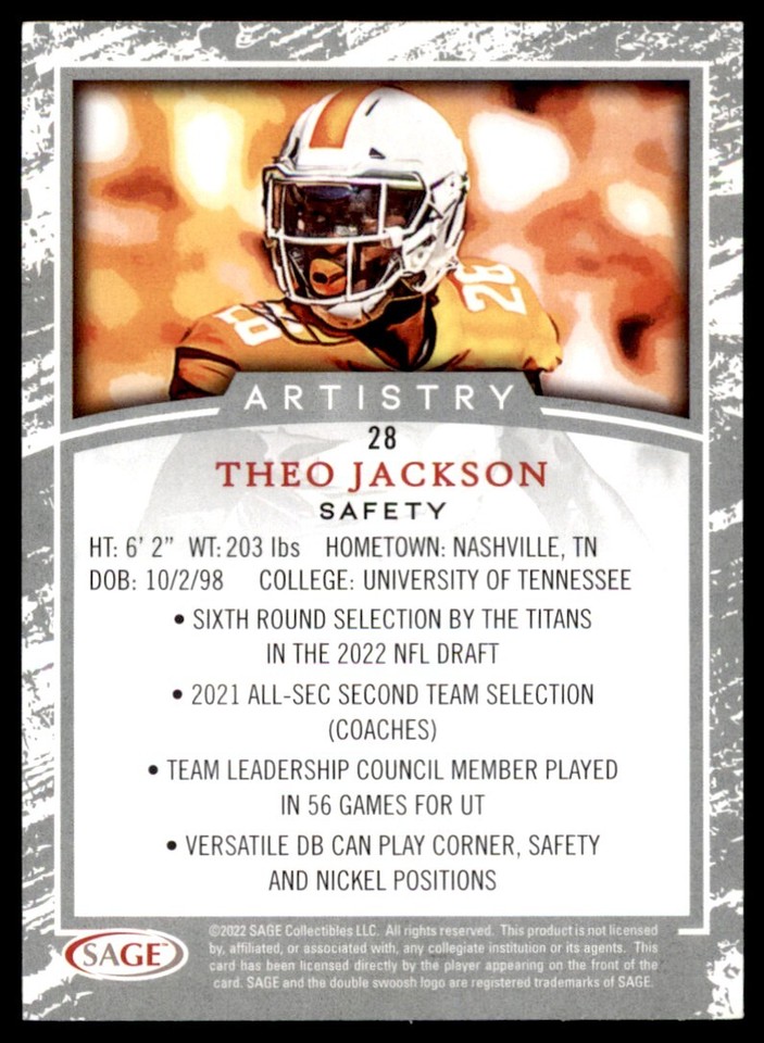 THEO JACKSON 2022 SAGE HIT Artistry Rookie Card RC Black Border #28 Tennessee | eBay