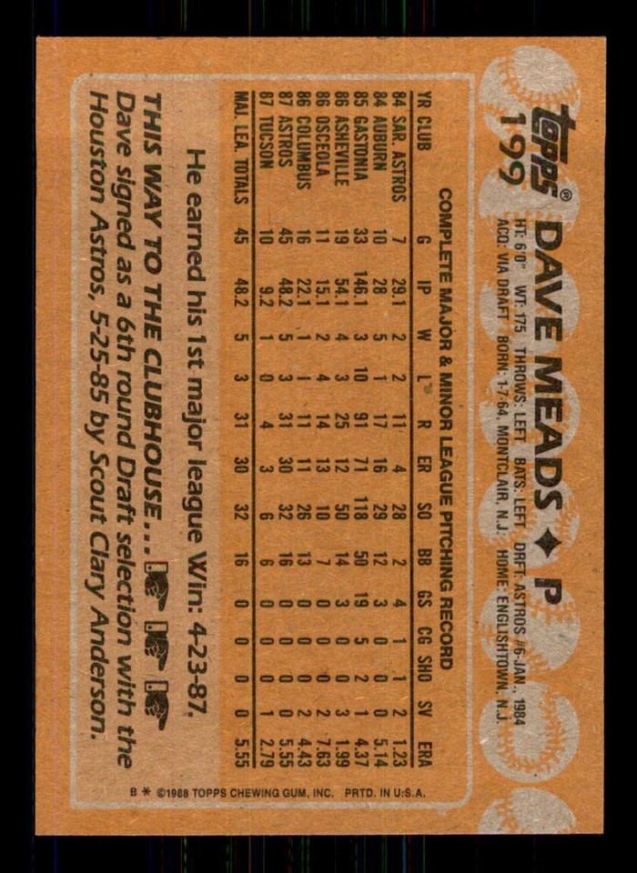 1988 Topps Baseball #199 Dave Meads NM or Better *aa1 | eBay