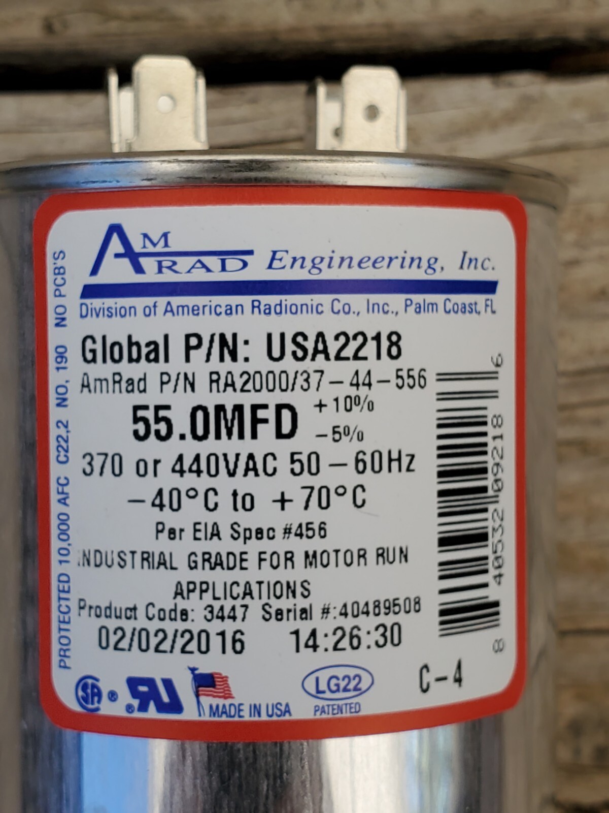 55 MFD X 370 / 440 VAC Round Run Capacitor Amrad USA2218 - Made in The ...