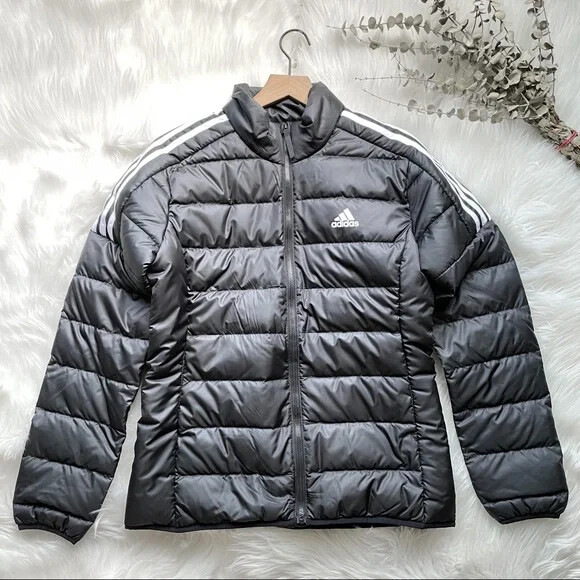 Adidas Essentials Down Puffer Jacket Women's Black White Stripes $100 ...