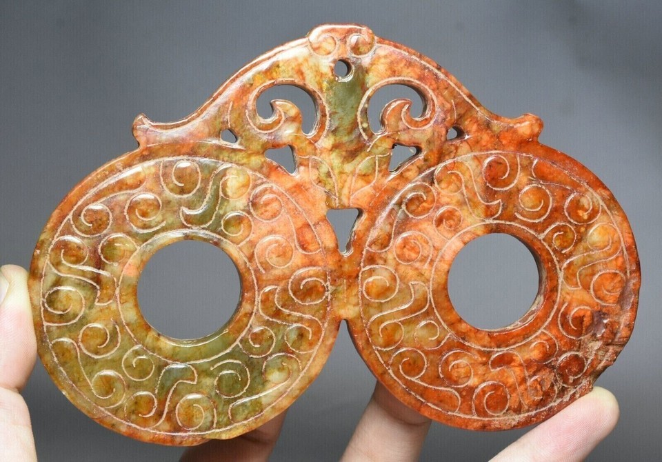 Unique Natural Old Jade Carving Palace Dragon Beast Double Bi Amulet ...