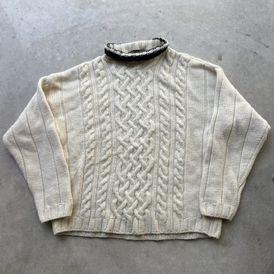 Vintage 80s Inis Crafts Wool Sweater Sz L Cream Irish Chunky Hand Knit ...