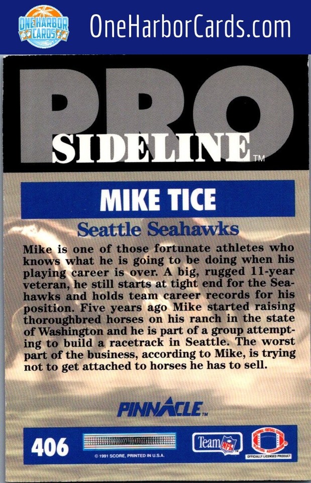 1991 Pinnacle Seattle Seahawks Football Card #406 Mike Tice | eBay