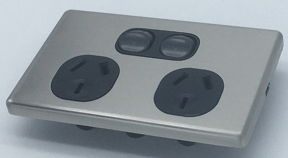 Slim Double Power Point BLACK S.Steel Cover Slimline GPO Switch Outlet ...