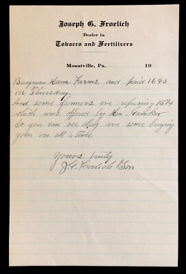 Vtg Letterhead Mountville Pennsylvania Joseph G Froelich Dealer Tobacco ...